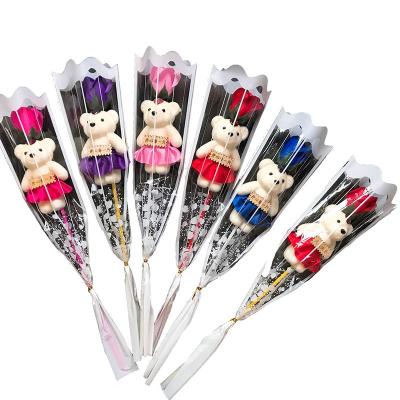 China Ice Cream Bear Single Rose Soap Flower Cartoon Bear Bouquet Company Event Gift for sale