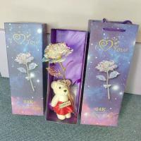 China 27 Cm 8.5 Cm Rose Head Colorful 24k Gold Foil Rose With Bear Box For Decoration for sale
