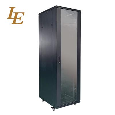 China 19Inch 42U Tempered Glass Front Door and Solid Metal Rear Door with Handle Locks Racks RAL9004 Black for sale