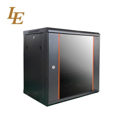 China 19 Inch Wall Mounted Rack Enclosure RAL9005 Black RAL9004 Black 4U 6U 9U 12U Metal Cabinet 600mm Width 450mm/600mm Depth Red/Orange/Blue Decorative Strips on Glass Front Door Disassembled Packing for sale