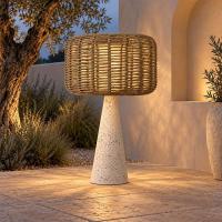 China Furniture-Scale Solar Garden Floor Lamp with Woven Drum Shade and Speckled Pedestal Solar Floor Light for sale