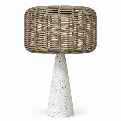China Furniture-Scale Solar Garden Floor Lamp with Woven Drum Shade and Speckled Pedestal Solar Floor Light for sale