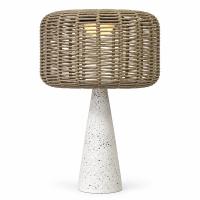 China Furniture-Scale Solar Garden Floor Lamp with Woven Drum Shade and Speckled Pedestal Solar Floor Light for sale