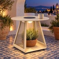 China Three-in-One Solar Garden Side Table with Lower Plant Shelf and Rope-Laced Frame Solar Floor Light for sale