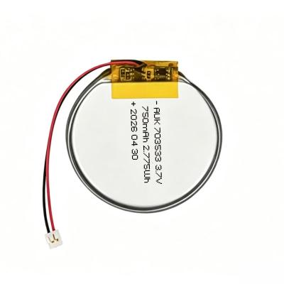 China AUK Cylindrical Lithium Polymer Battery Round LiPo Cell 703533 3.7V 750mAh 2.775Wh With UN38.3 CE For Smart Sports Products for sale