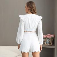 China Eyelet Buttoned Ladies Casual Shorts Woven Crop Top And Shorts Set for sale