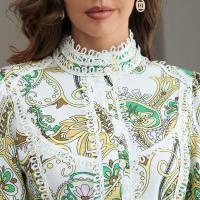 China Ethnic Long Sleeves Lace Up Floral Dress Belted Crew Neck for sale