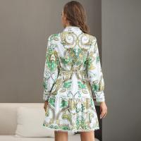 China Ethnic Long Sleeves Lace Up Floral Dress Belted Crew Neck for sale
