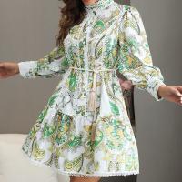 China Ethnic Long Sleeves Lace Up Floral Dress Belted Crew Neck for sale