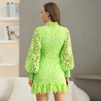 China Cut Out Lace Dress Lantern Sleeve High Waist Solid Knee-length Trumpet Dress Ruffles Elegant Business Casual Dress for sale