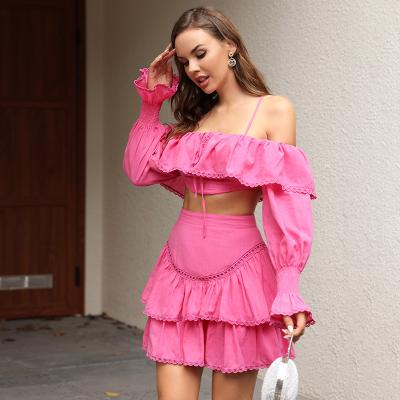 China Flounce Sleeve Cold Shoulder Crop Tops Classy High Waist Tiered Mini Skirt for sale