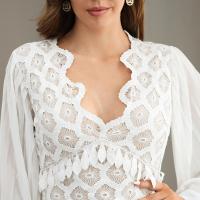 China Puff Sleeve Ladies Lace Dresses V Neck Burnout Floral Lace Mini Dress for sale