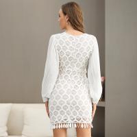 China Puff Sleeve Ladies Lace Dresses V Neck Burnout Floral Lace Mini Dress for sale