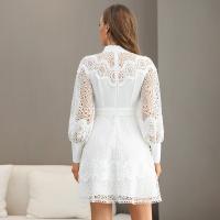 China Elasticated Cuffs Peplum Hem Design White Crochet Lace Belted Peplum Dress for sale