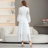 China High Neck Ladies Lace Dresses Balloon Long Sleeve Lace Up Dress With Elastic Cuffs for sale