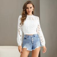 China Round Neck Lantern Ladies Lace Tops Hollow Out Long Sleeve Short Blouse for sale