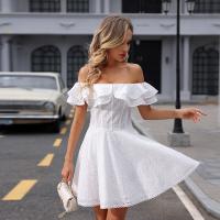 China OEM Ladies Lace Dresses Ruffle Trim Shirred Dress With Sleeves for sale