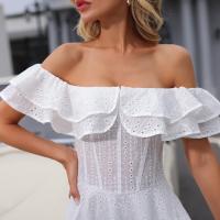 China OEM Ladies Lace Dresses Ruffle Trim Shirred Dress With Sleeves for sale