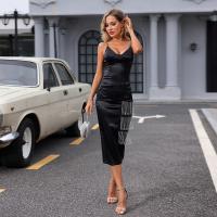 China Satin Spaghetti Strap Dresses Pure Color Cowl Neck Split Dress for sale