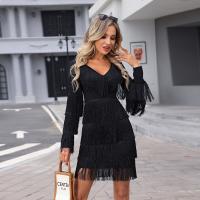 China Long Sleeve V Neck Tassel Evening Dress Women Customized Logo Printing for sale