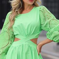China Women Mesh Flounce Puff Sleeve Lace Dress Cut Out Hollow Open Back for sale