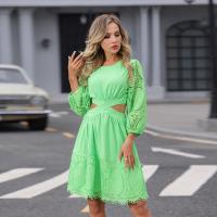 China Women Mesh Flounce Puff Sleeve Lace Dress Cut Out Hollow Open Back for sale
