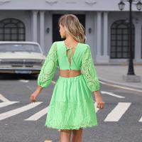 China Women Mesh Flounce Puff Sleeve Lace Dress Cut Out Hollow Open Back for sale