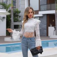 China High Collar Neck Ladies Lace Tops Sheer Mesh Lace Crop Top See Through for sale