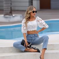 China Contrast Guipure Midi Ladies Lace Tops Shirred Crochet Lace Up Crop Top for sale