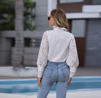 China Eyelet Embroidery Frilled Neck Blouse Polyester Regular Fit for sale