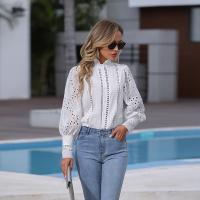 China Eyelet Embroidery Frilled Neck Blouse Polyester Regular Fit for sale