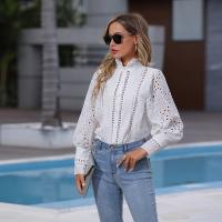 China Eyelet Embroidery Frilled Neck Blouse Polyester Regular Fit for sale