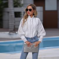 China Eyelet Embroidery Frilled Neck Blouse Polyester Regular Fit for sale