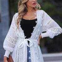 China Tie Front Kimono Cover Up Long Sleeve Sheer Boho Gypsy Circle Crochet Lace Trim Maxi Kimono for sale