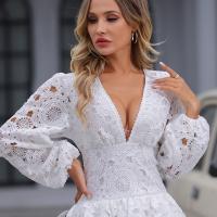 China White Anglaise Deep V Neck Lace Scalloped Trim Lacey Dreams Floral Guipure Lace Mini Dress for sale