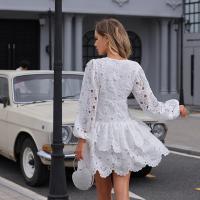 China White Anglaise Deep V Neck Lace Scalloped Trim Lacey Dreams Floral Guipure Lace Mini Dress for sale