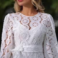 China Summer Fashion Round Neck Lantern Sleeve Lace Lace Up Front Lantern Sleeve Lace Crochet Mini Dress In White for sale