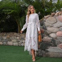 China Maxi Ladies Lace Dresses Lace Up Shirt Dress Contrast Guipure Lantern Puff Sleeve for sale