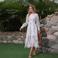 China Maxi Ladies Lace Dresses Lace Up Shirt Dress Contrast Guipure Lantern Puff Sleeve for sale