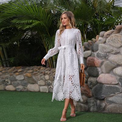 China Maxi Ladies Lace Dresses Lace Up Shirt Dress Contrast Guipure Lantern Puff Sleeve for sale