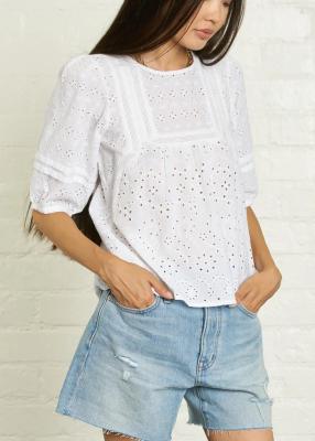 China Casual 3/4 Sleeve Ladies Lace Tops Cotton Eyelet Embroidered for sale