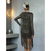 China Sequin And Beaded Tassel Dress Radiant Nights Beaded Fringed Long Sleeve Woven Mini Dress for sale