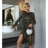 China Sequin And Beaded Tassel Dress Radiant Nights Beaded Fringed Long Sleeve Woven Mini Dress for sale