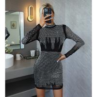 China Seductive Allure Womens Sexy Sheer See Through Rhinestone Mini Bodycon Dress for sale