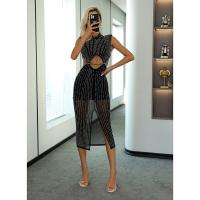 China Sparkle And Slay Sleeveless Mock Neck Party Dress With Rhinestones Mesh City Lights Magic for sale