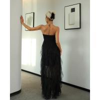 China Black Strapless Sweetheart Neck Sheer Mesh Ruffle Tier Maxi Dress Women'S Maxi Long Dress Party Dress for sale