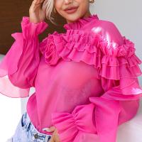 China Lantern Sleeved High Neck Flared Blouse Chic Black High Waisted Lace Tops With Stand Collar For Women for sale