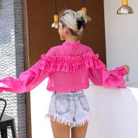 China Lantern Sleeved High Neck Flared Blouse Chic Black High Waisted Lace Tops With Stand Collar For Women for sale
