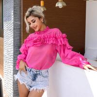 China Lantern Sleeved High Neck Flared Blouse Chic Black High Waisted Lace Tops With Stand Collar For Women for sale