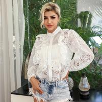 China Lantern Sleeved High Neck Flared Blouse Chic Black High Waisted Lace Tops With Stand Collar For Women for sale